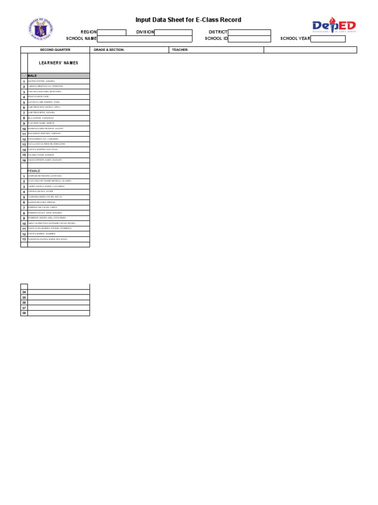 Second Quarter Class Record for Grade 7 Mother Tongue Section at ...