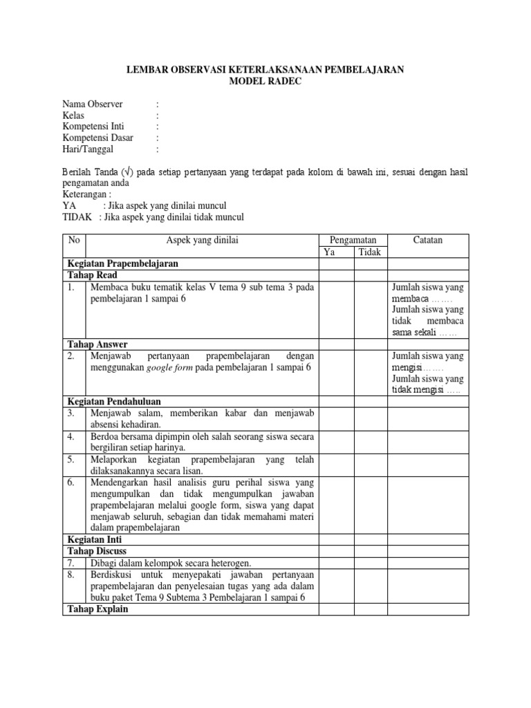 Hana Lestari - Lembar Keterlaksanaan Pemebalajaran Model RADEC OFFLINE ...