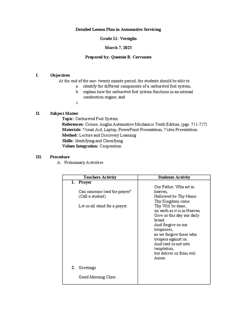Detailed Lesson Plan in Carbureted Fuel System | PDF