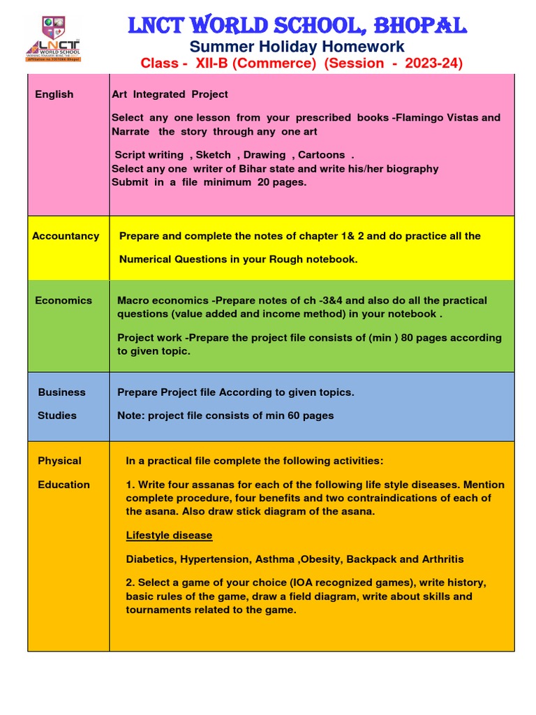Class - XII Summer Holiday HW 2023-24 PDF | PDF