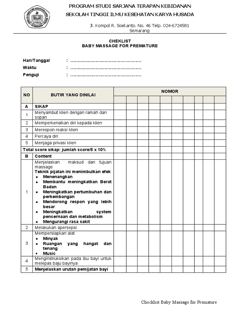Checklist Baby Massage For Premature | PDF