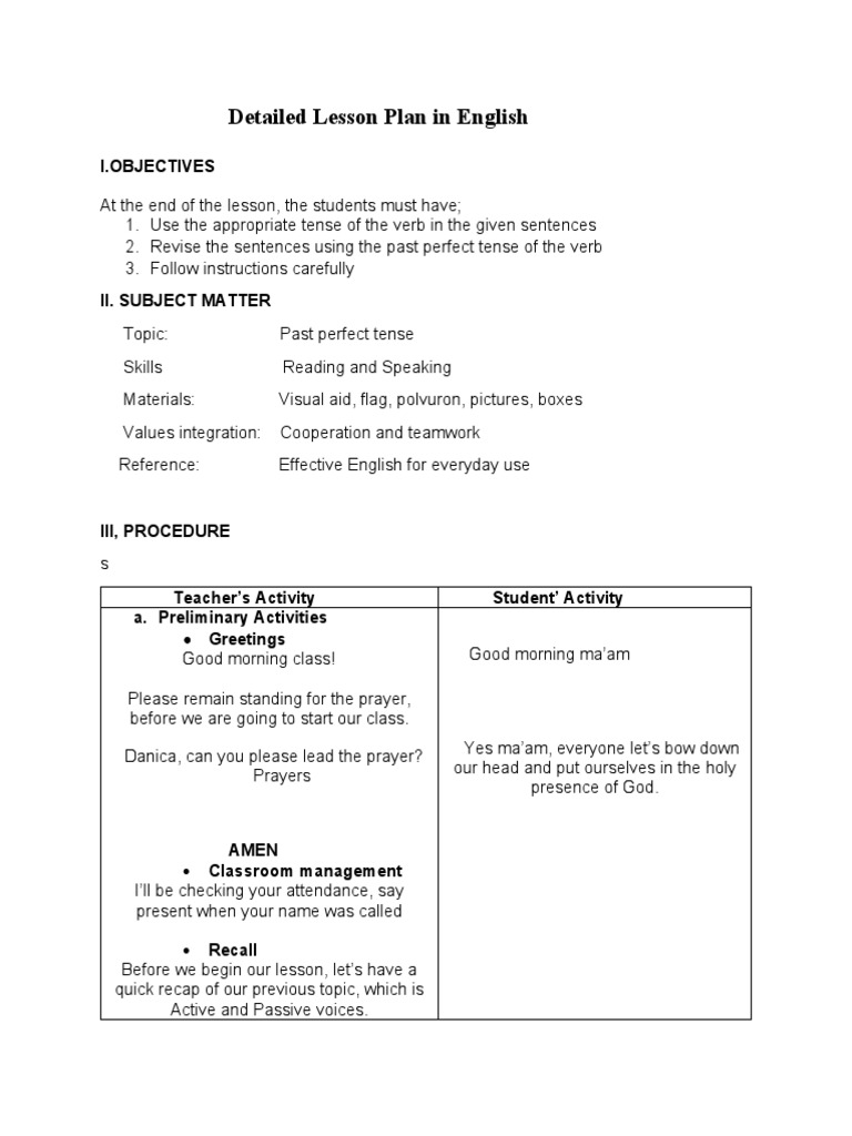 Detailed Lesson Plan in English | PDF | Verb | Perfect (Grammar)