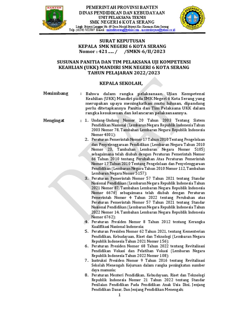 Draf SK Ukk Mandiri SMKN 6 Kota Serang TP 2022-2023 | PDF