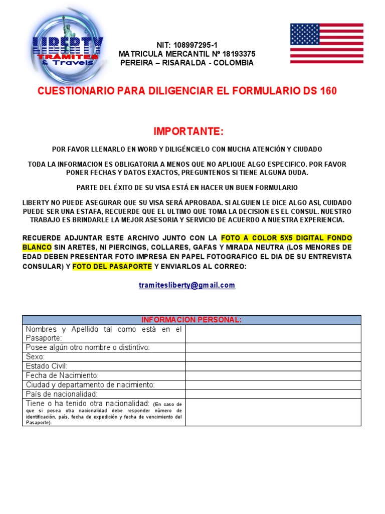 Cuestionario para Diligenciar El Formulario Ds 160 | PDF