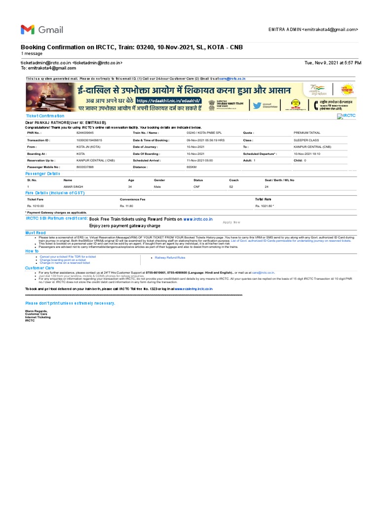 Gmail - Booking Confirmation On IRCTC, Train - 03240, 10-Nov-2021, SL ...