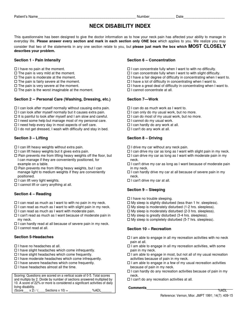 Neck Disability Index Questionnaire | PDF | Pain | Human Diseases And ...