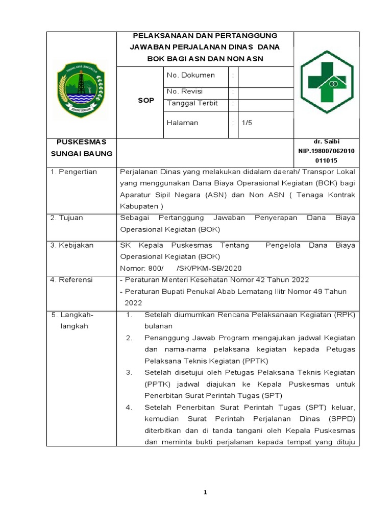 Sop Pelaksanaan Dan Pertanggung Jawaban Perjalanan Dinas Dana Bok Bagi ...