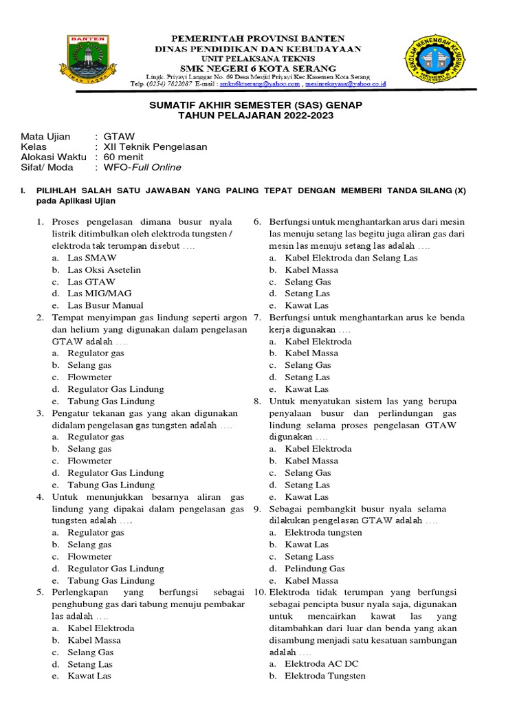 Naskah Soal Sas Gtaw Kelas Xii Teknik Pengelasan | PDF