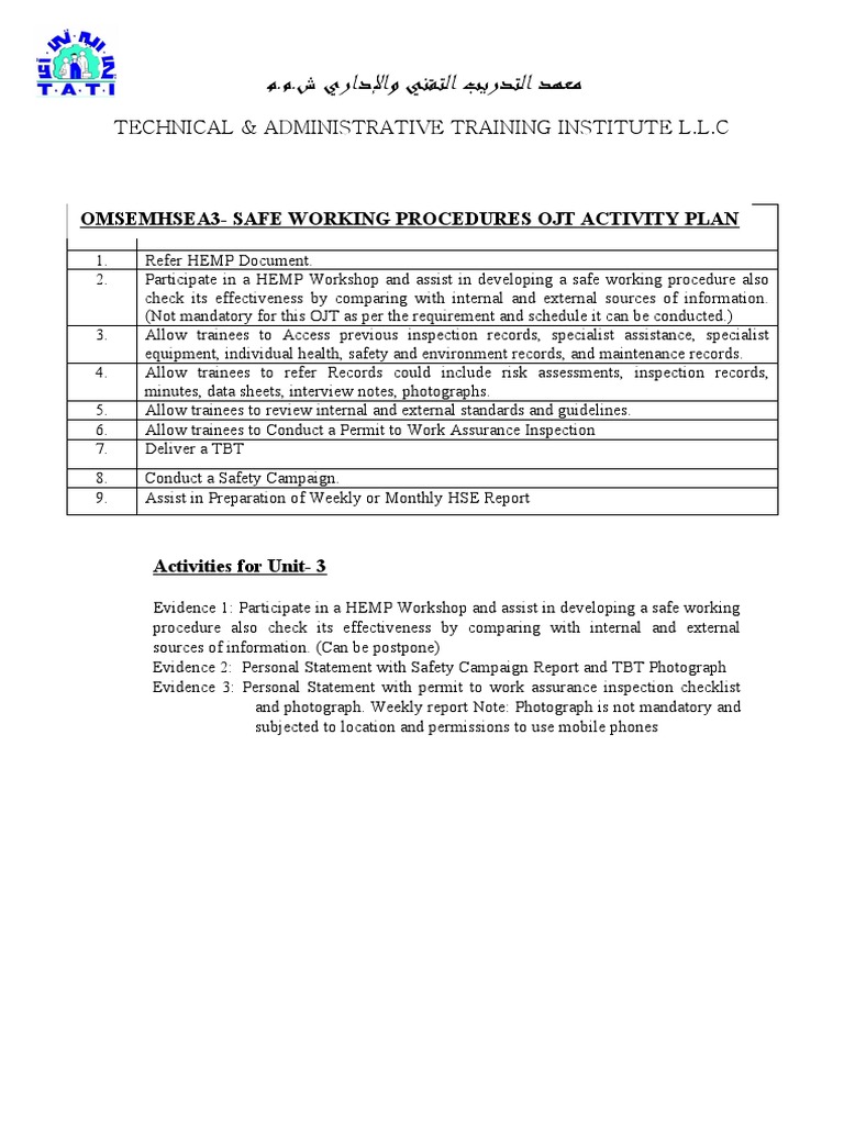 OJT-Unit 3 - OMSEMHSEA3-003 - Safe Working Procedures - Activity Plan | PDF
