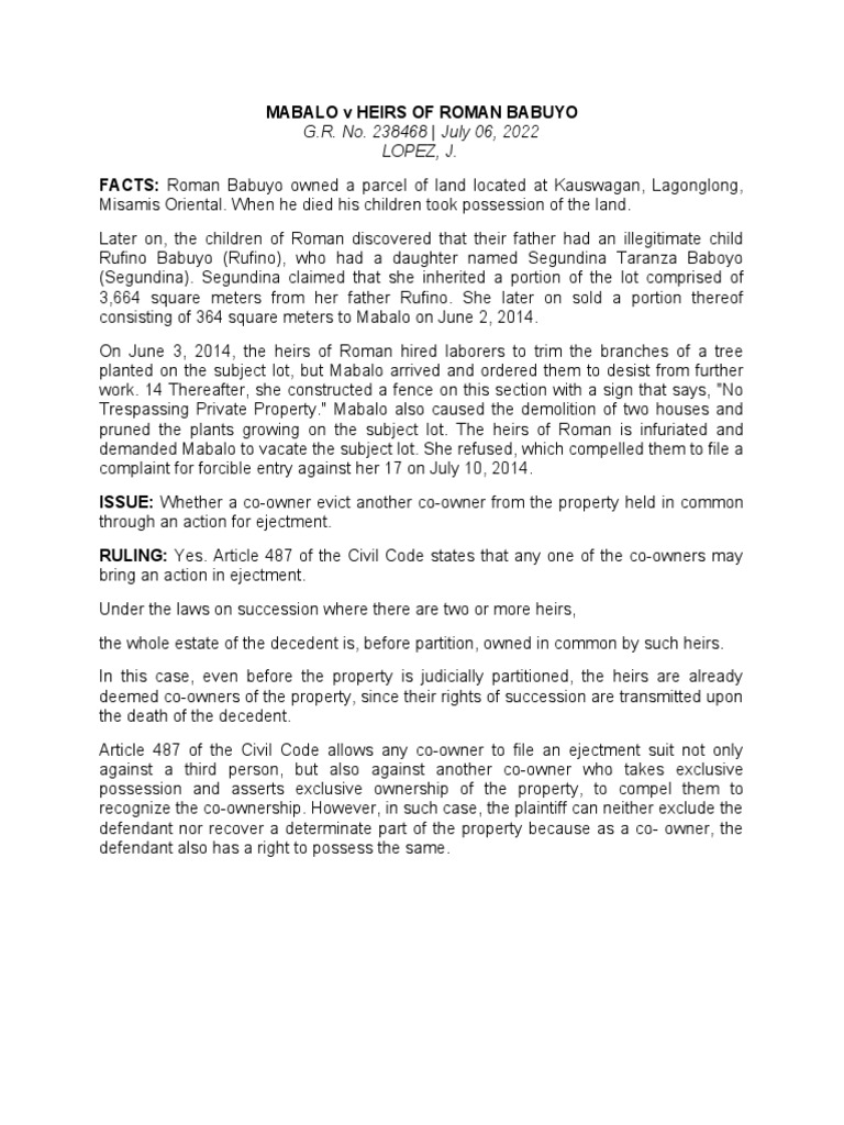 Ejectment Case: Mabalo vs. Babuyo Heirs | PDF