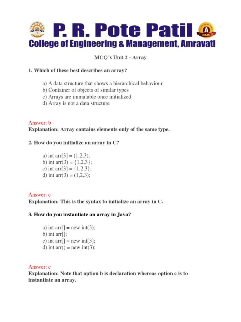 MCQ's On Array | PDF