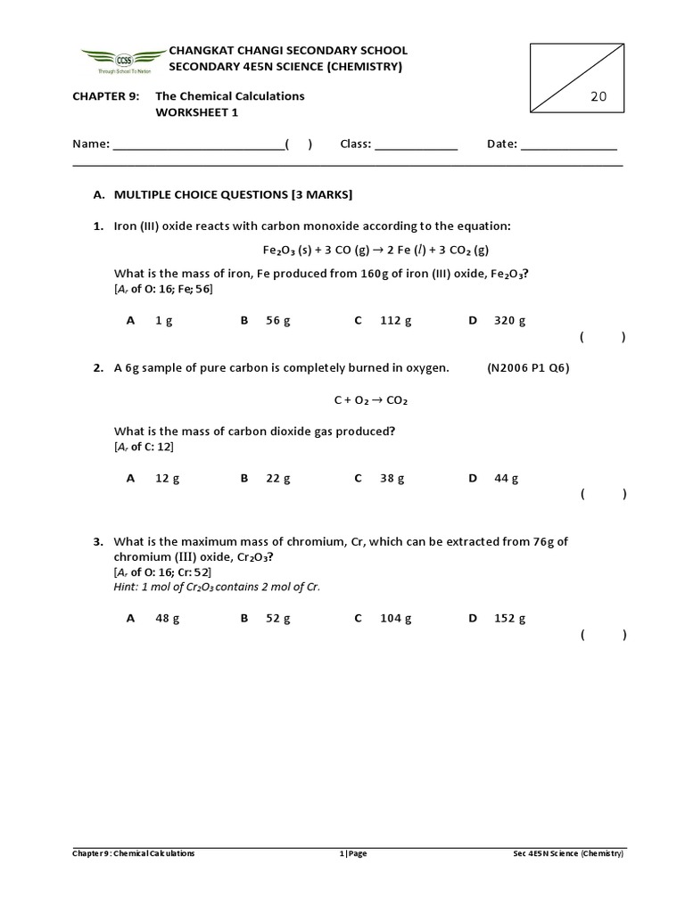 4E5N Chemical Calculations Worksheet 1 (Student's Copy) PDF | PDF
