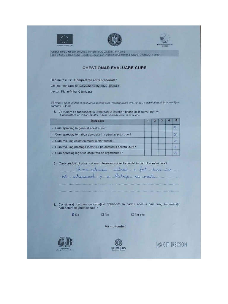 Chestionar Evaluare Curs - Bulibasa Alexandru Valentin PDF | PDF