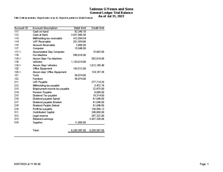 General Ledger Trial Balance Report | PDF
