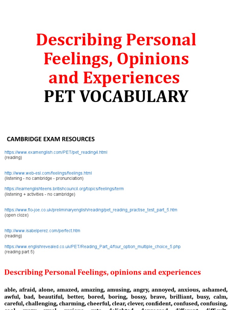 Describing Personal Feelings, Opinions and Experiences - Pet Vocabulary ...