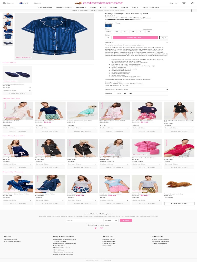 Navy Penny Chic Satin PJ Set Navy - Peter Alexander Online PDF | PDF ...