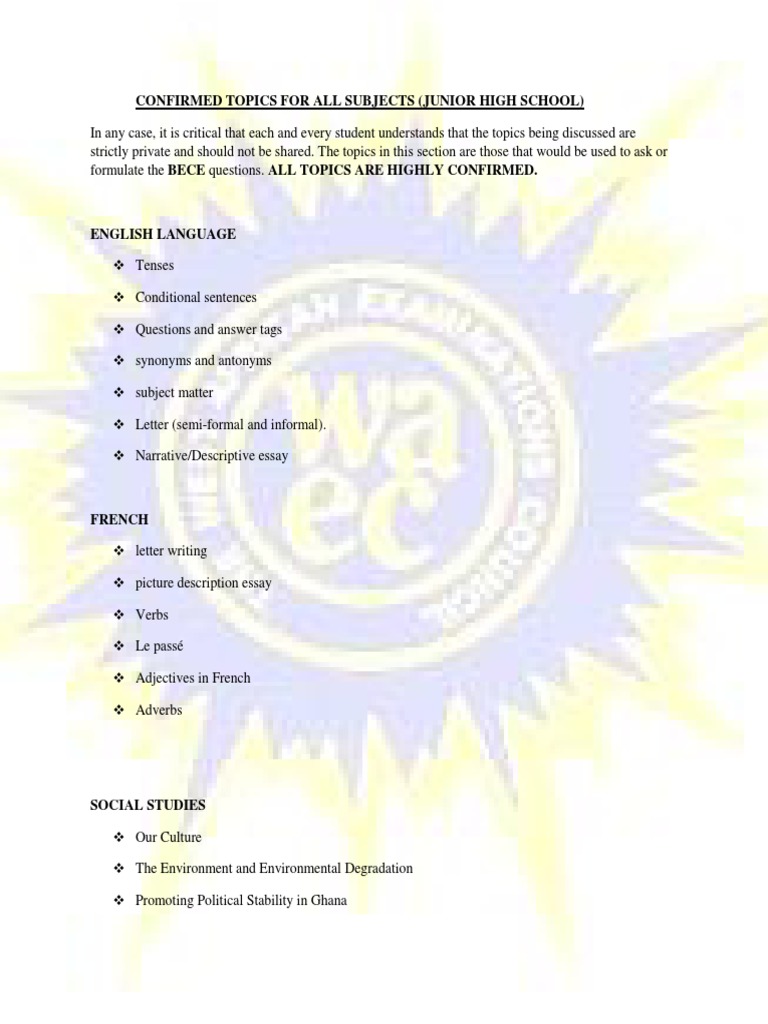 BECE 2025 Confirmed Topics Overview | PDF | Career & Growth | Foreign ...
