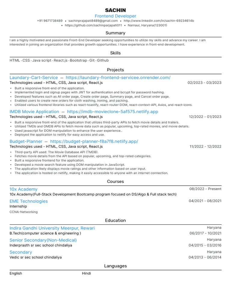 Sachin Frontend Developer Pdf Pdf Java Script Web Development
