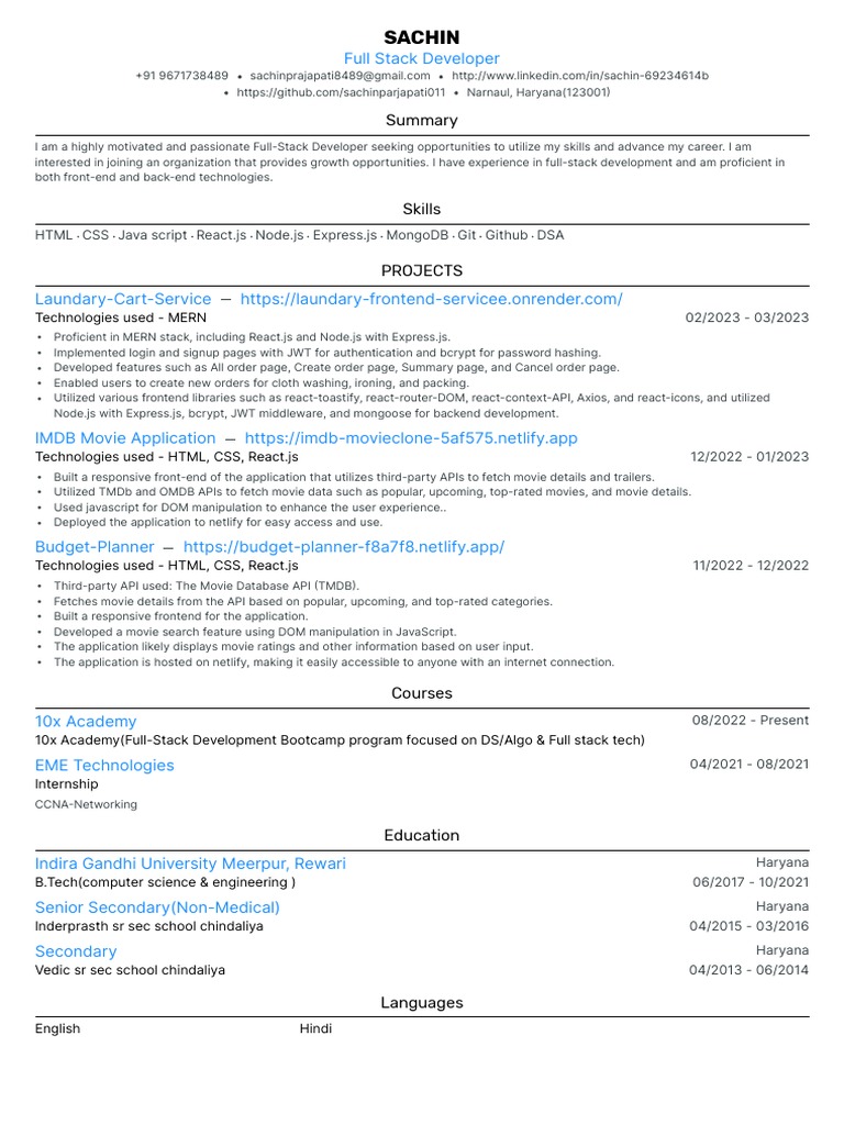 Sachin Full Stack Developer PDF | PDF | Technology & Engineering