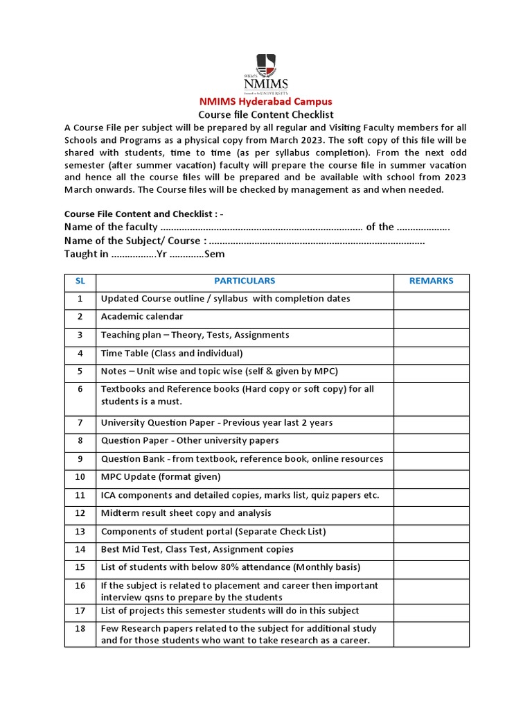 Course File Check List | PDF