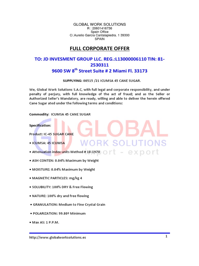 Full Corporate Offer from Global Work Solutions for the Supply of 75,000 Metric Tons of ICUMSA ...
