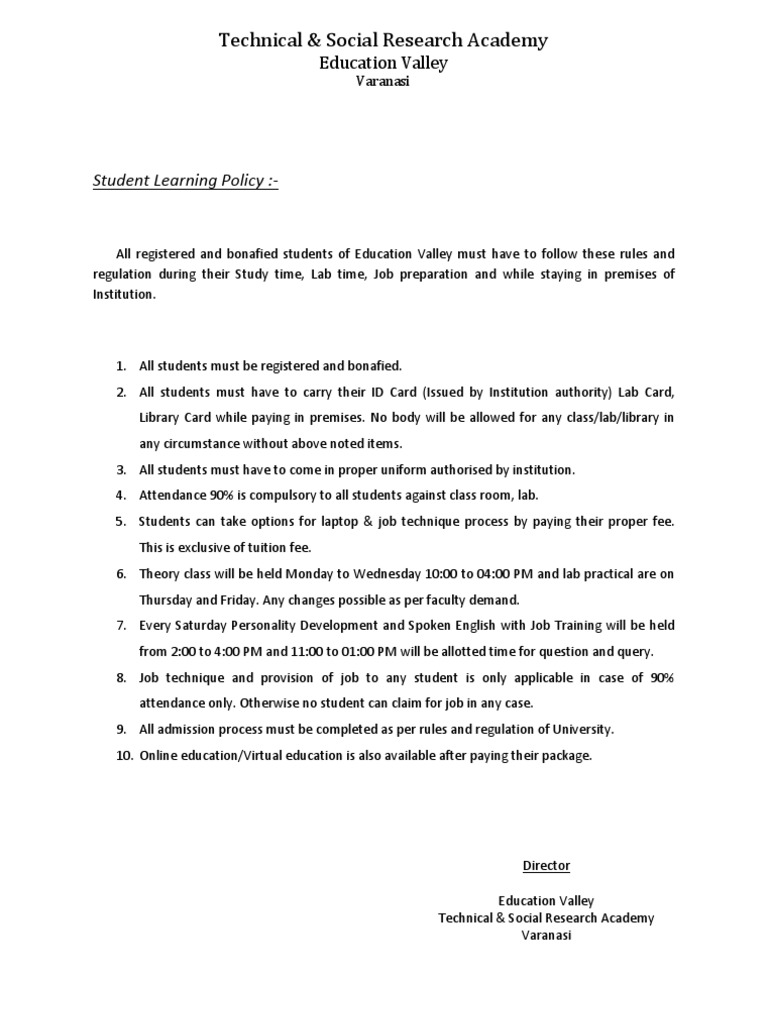 Education Valley Student Learning Policy | PDF | Unemployment | Social ...