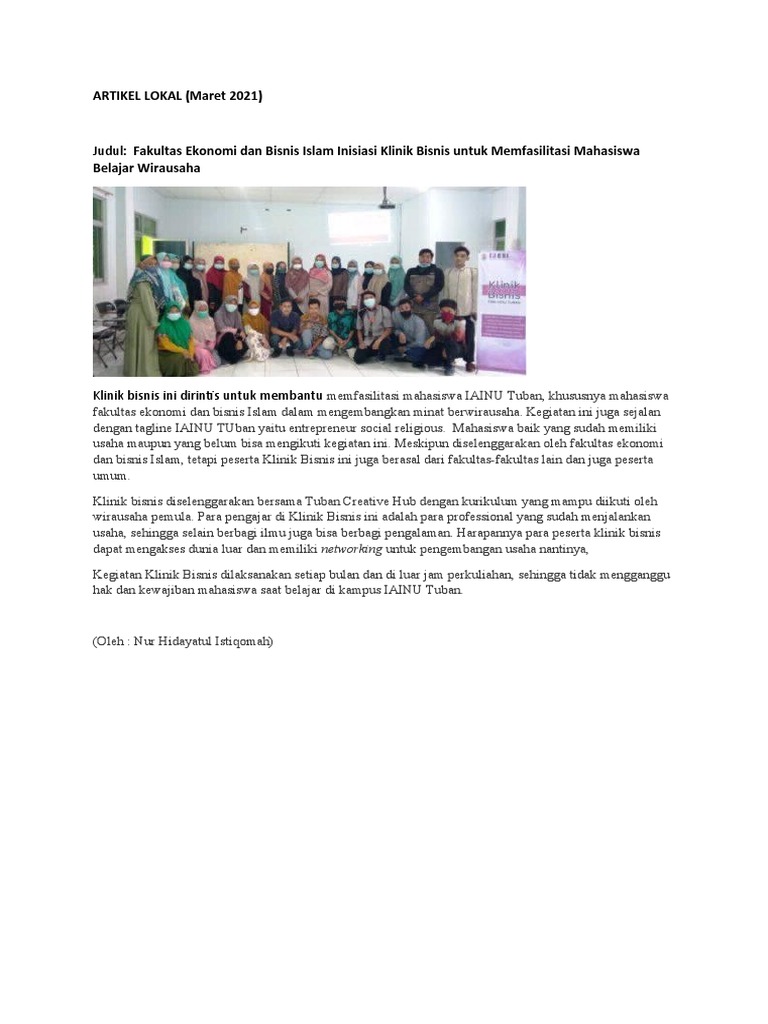Klinik Bisnis IAINU Tuban: Wirausaha Mahasiswa | PDF