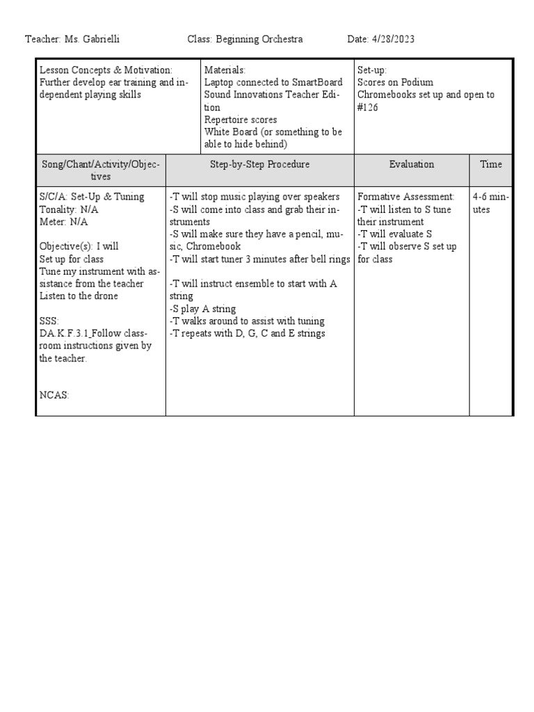 Beginning Orchestra Lesson Plan | PDF