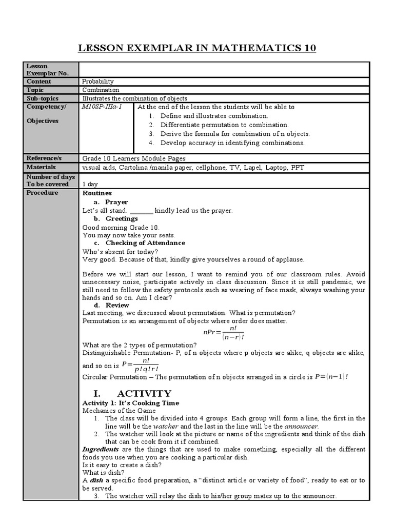 Grade 10 Combination Lesson Plan | PDF