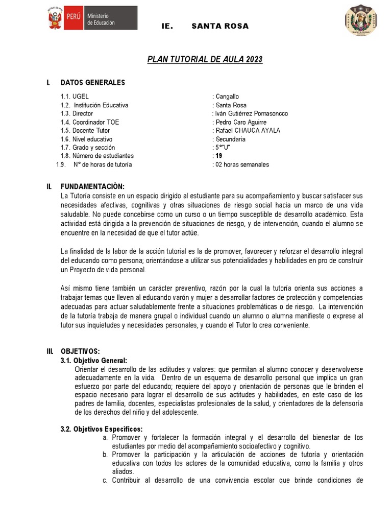 5° Plan Tutorial de Aula-2023 | PDF | Violencia | Evaluación