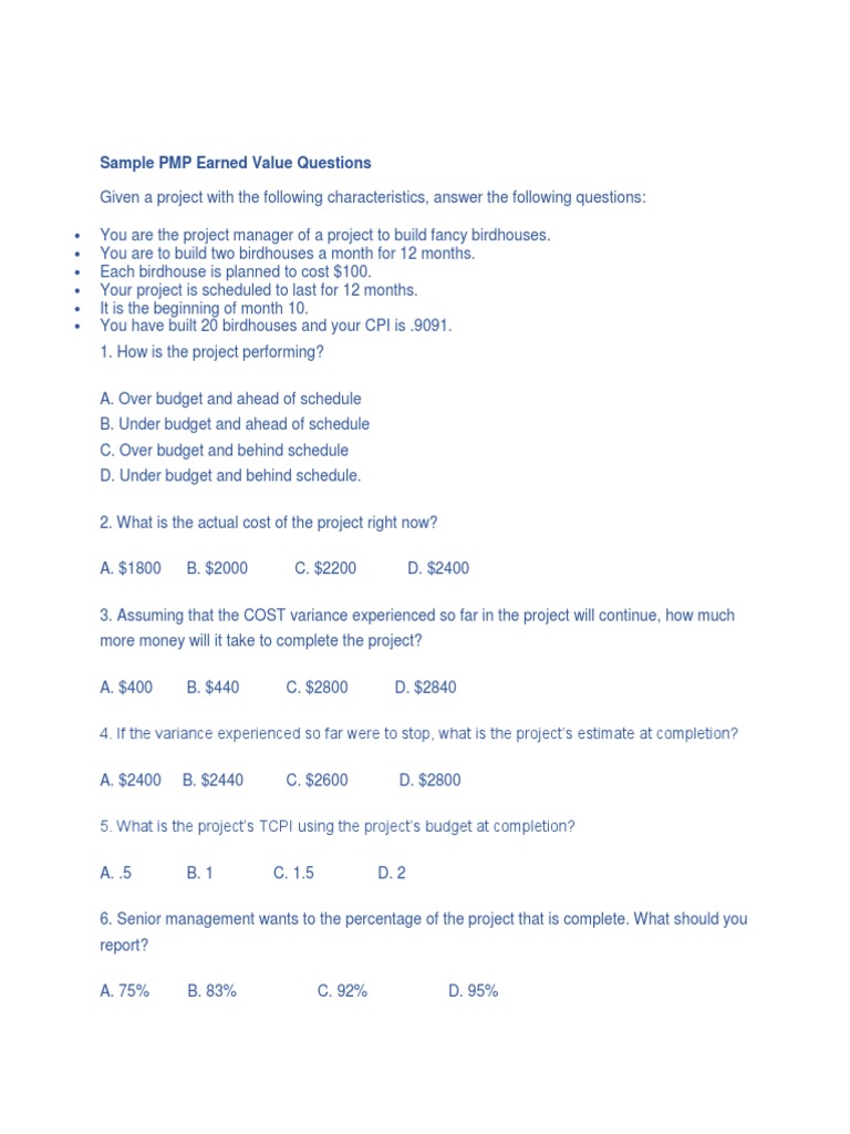 PMP Earned Value Management Practice Questions | PDF | Teaching Methods ...