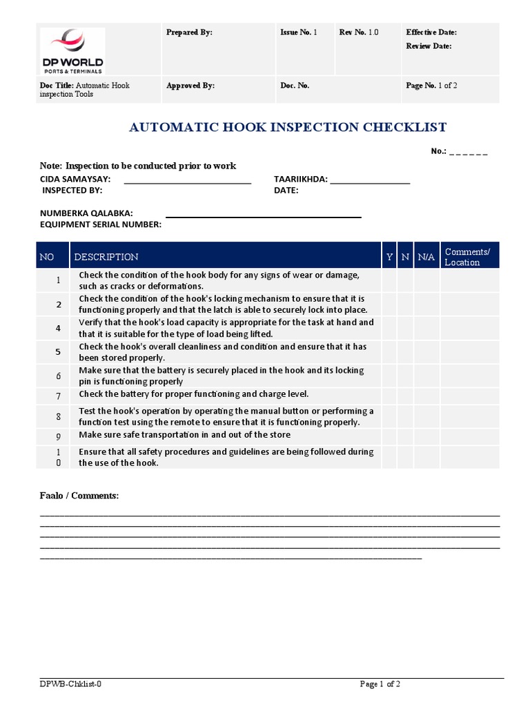 Automatic Hook Inspection Checklist | PDF