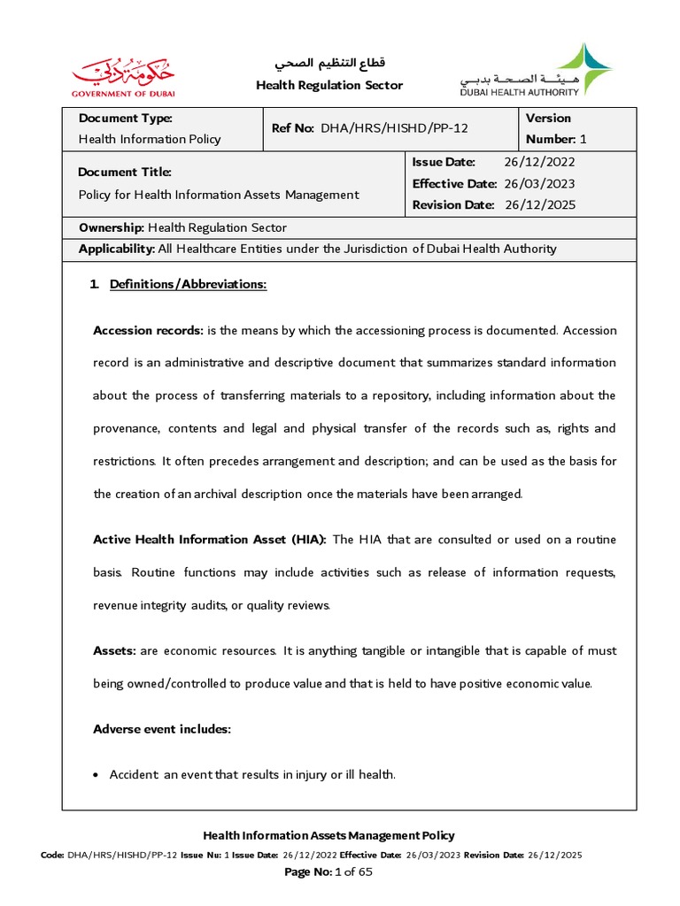 DHA Policy On Health Information Asset Management PDF | PDF | Health ...