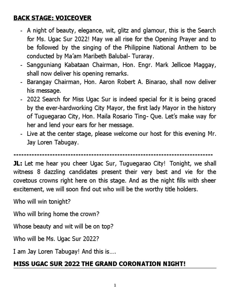 Miss Ugac Sur 2022 Script | PDF