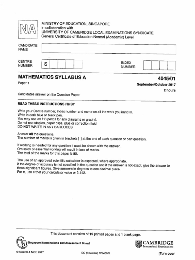 Math - N Level 2017 - Paper 1 | PDF