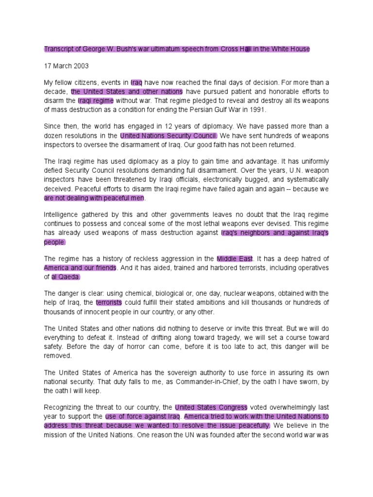 Bush Ultimatum Speech - 2003 PDF | PDF