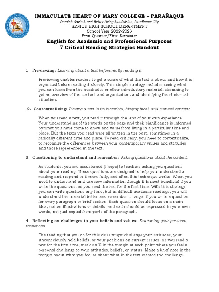 Critical Reading Strategies Handout | PDF