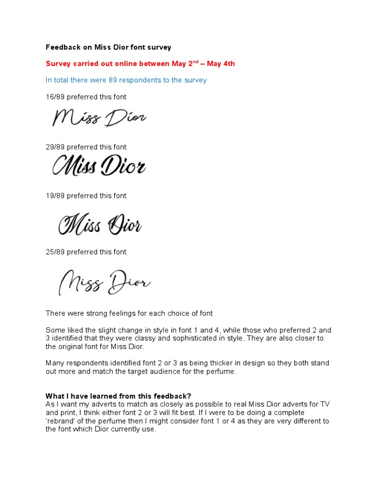 Feedback On Miss Dior Font Survey | PDF