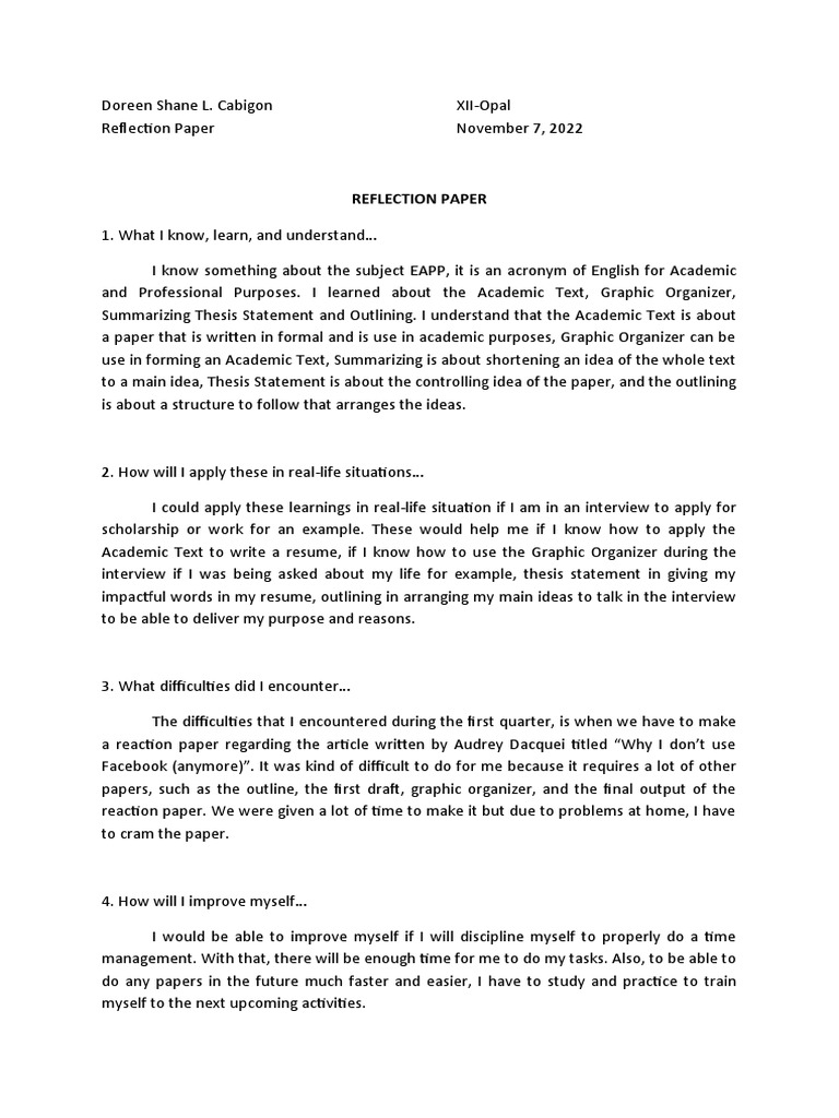 Reflection Paper Eapp 1ST QTR | PDF