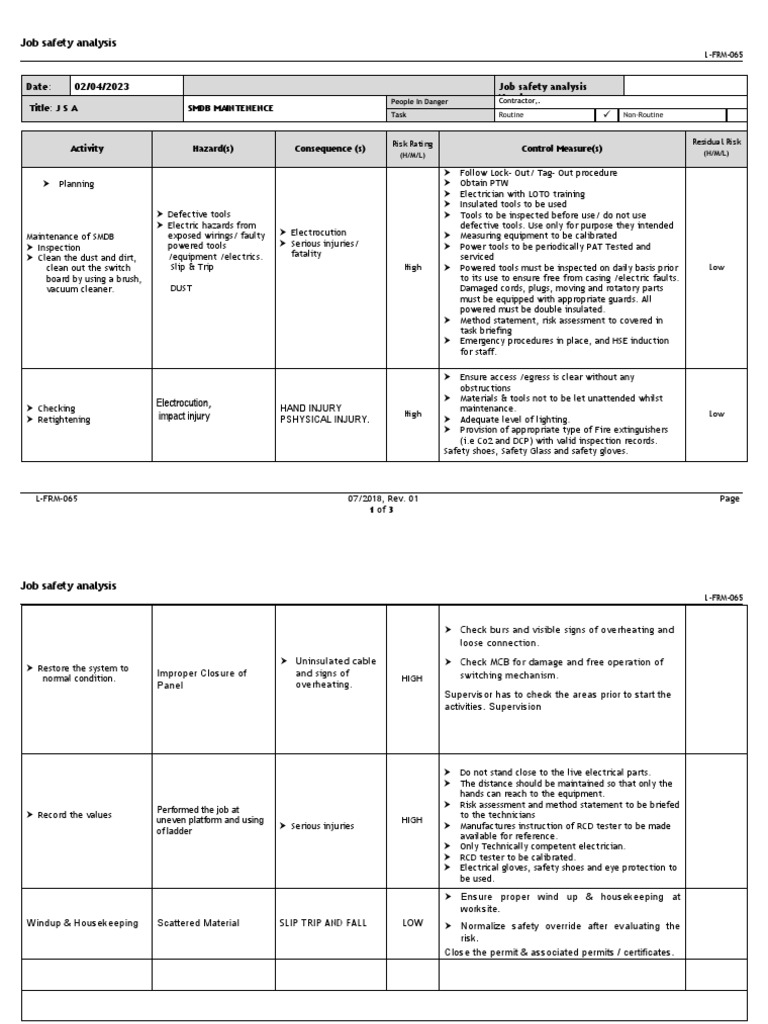Jsa SMDB Maintenence... | PDF | Electrician | Electricity