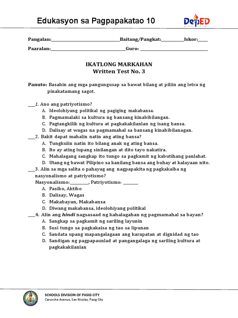 WRITTEN TEST 3 EsP 10 3RD Q VALIDATED | PDF