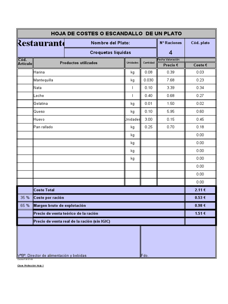 Escandallo Croquetas Líquidas - Ods | PDF