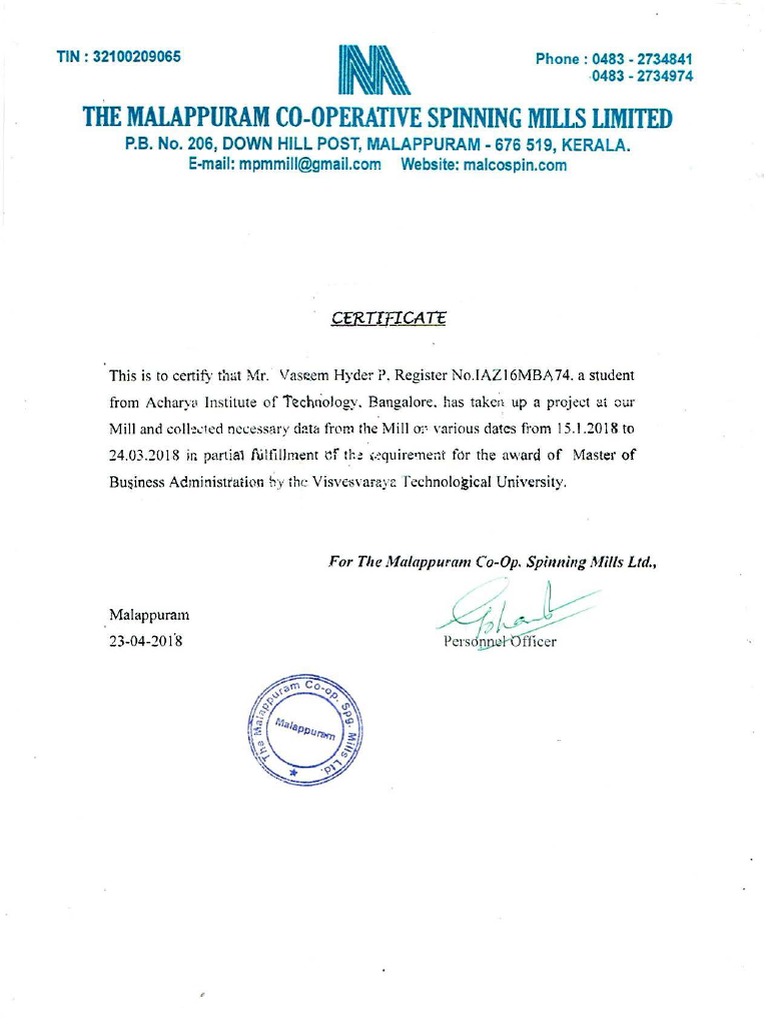 A Study On Inventory Management in The Malappuram Co-Operative Spinning Mills LTD Malappuram ...