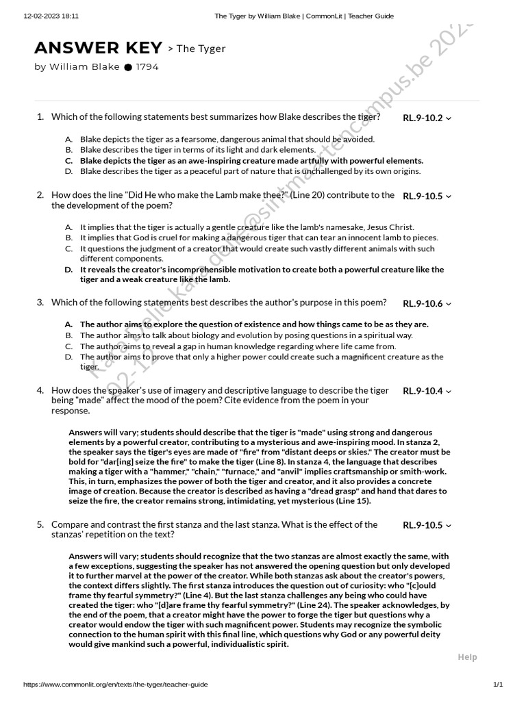The Tyger by William Blake _ CommonLit _ Teacher Guide.pdf | PDF