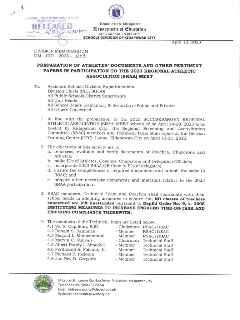 DM - CID - 2023 - 054 - Preparation of Athletes Documents and Other ...