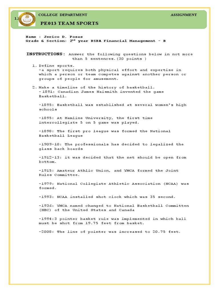 Pe 3.1 History of Basketball | PDF