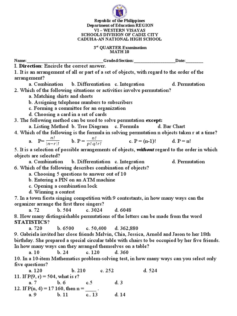 Math 10 3rd Quarter Exam Guide | PDF