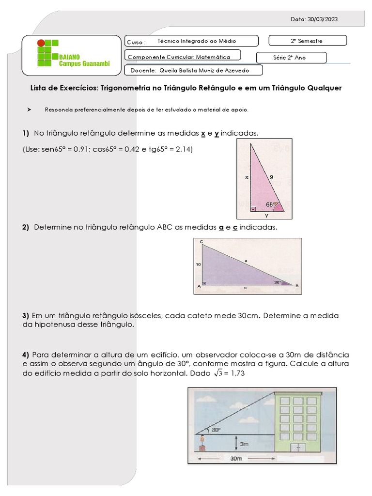 Lista de Exercícios - Trig. No Triãngulo Ret. e em Um T. Qualquer | PDF ... Lista de Exercícios - Trig. No Triãngulo Ret. e em Um T. Qualquer | PDF ...