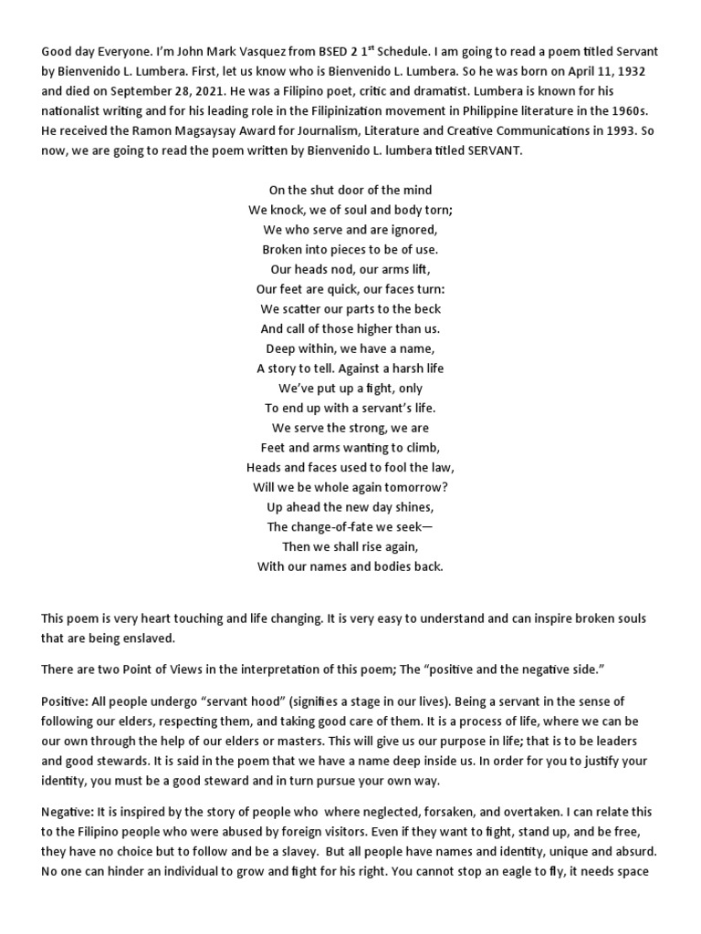 Servant: A Poem by Bienvenido Lumbera | PDF | Poetry