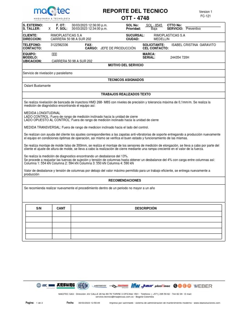 Reporte - Del - Tecnico - INY HMD 268 - M8S PDF | PDF